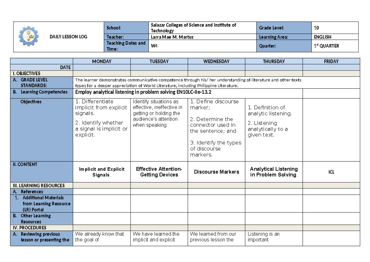 English 10 q1 w4 Employ analytical listening in problem solving EN10LC ...