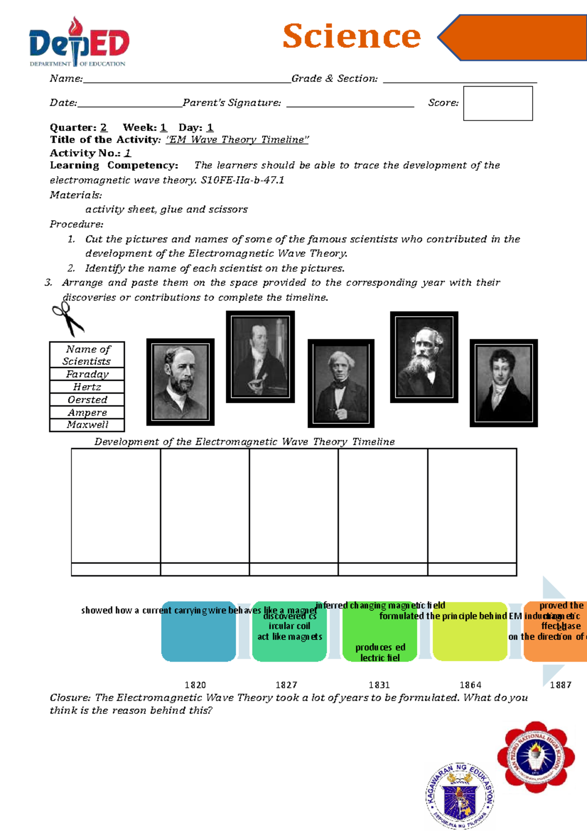 Science 10 - Q2 - DW1 - eLECTROMAGNETIC WWAVES - Science 10 Name: Grade ...