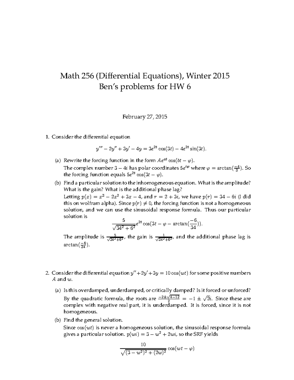 Sinusoidal Homework Solutions - Math 256 (Differential Equations ...