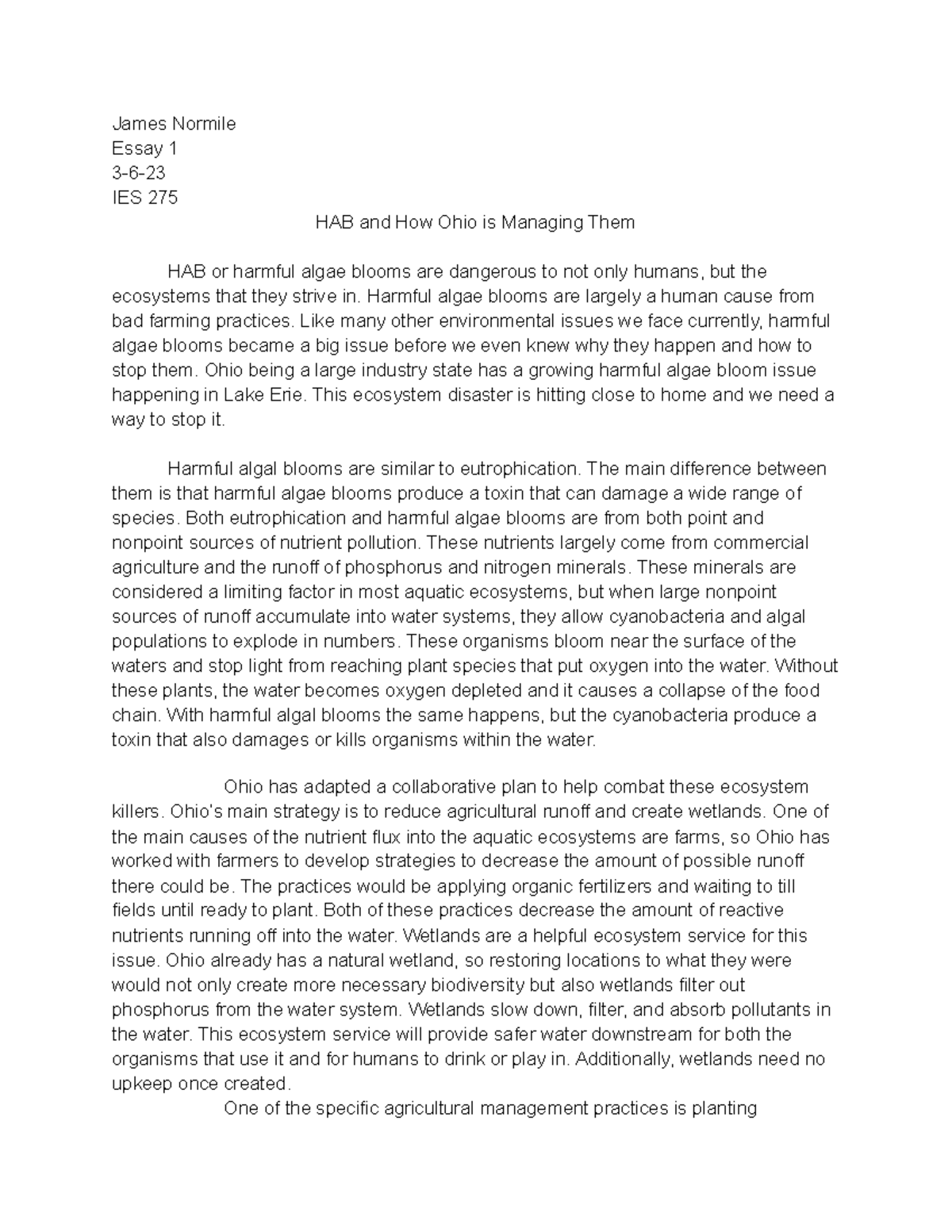 Essay 1 - Dr. Jabulzski - James Normile Essay 1 3-6- IES 275 HAB and ...