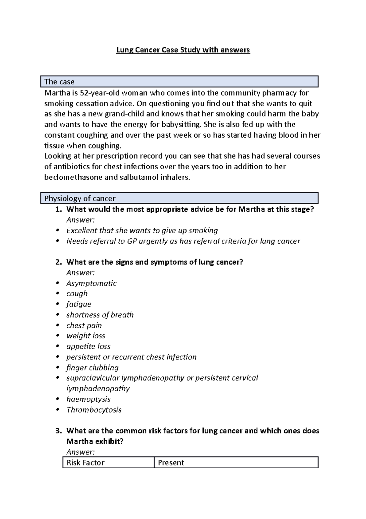 PHA306 Integration case study LUNG with answers - Lung Cancer Case ...