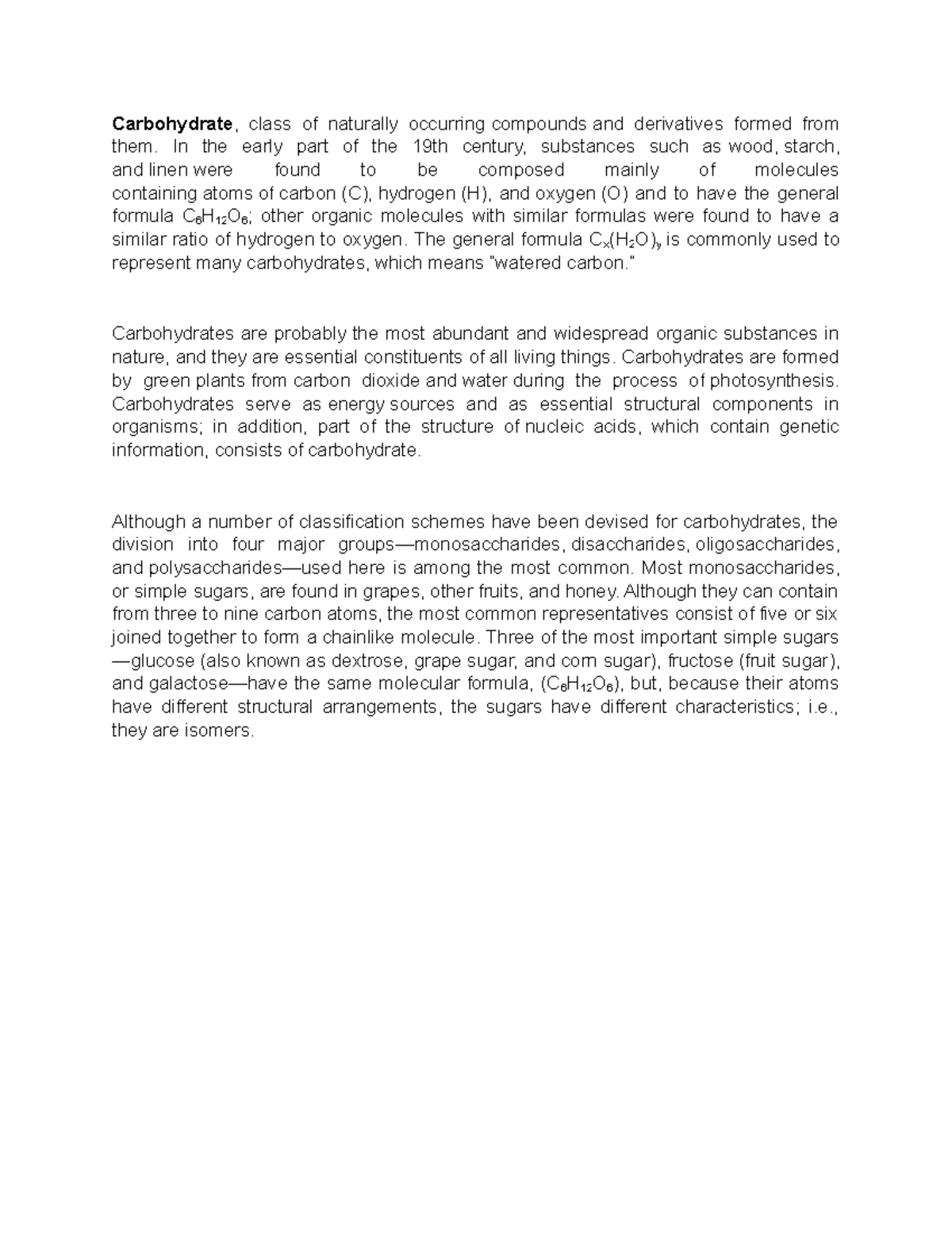 Research-for-Carbohydrate - Carbohydrate, class of naturally occurring ...