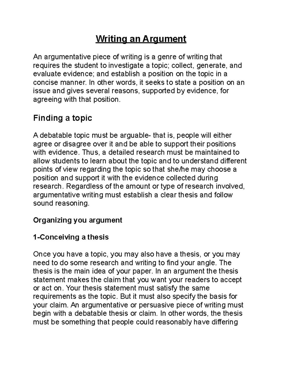 Writing an Argument - IN CLASS NOTES - Writing an Argument An ...