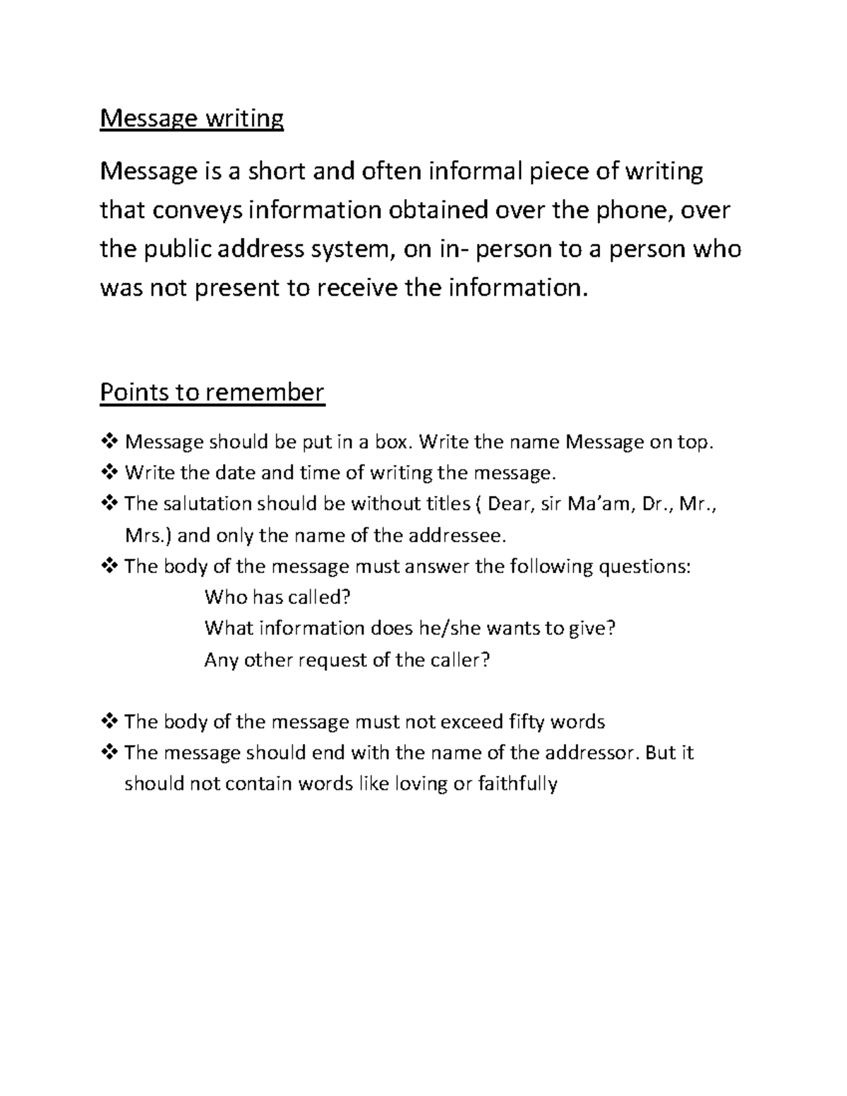 Message writing - ENGLISH - Message writing Message is a short and ...