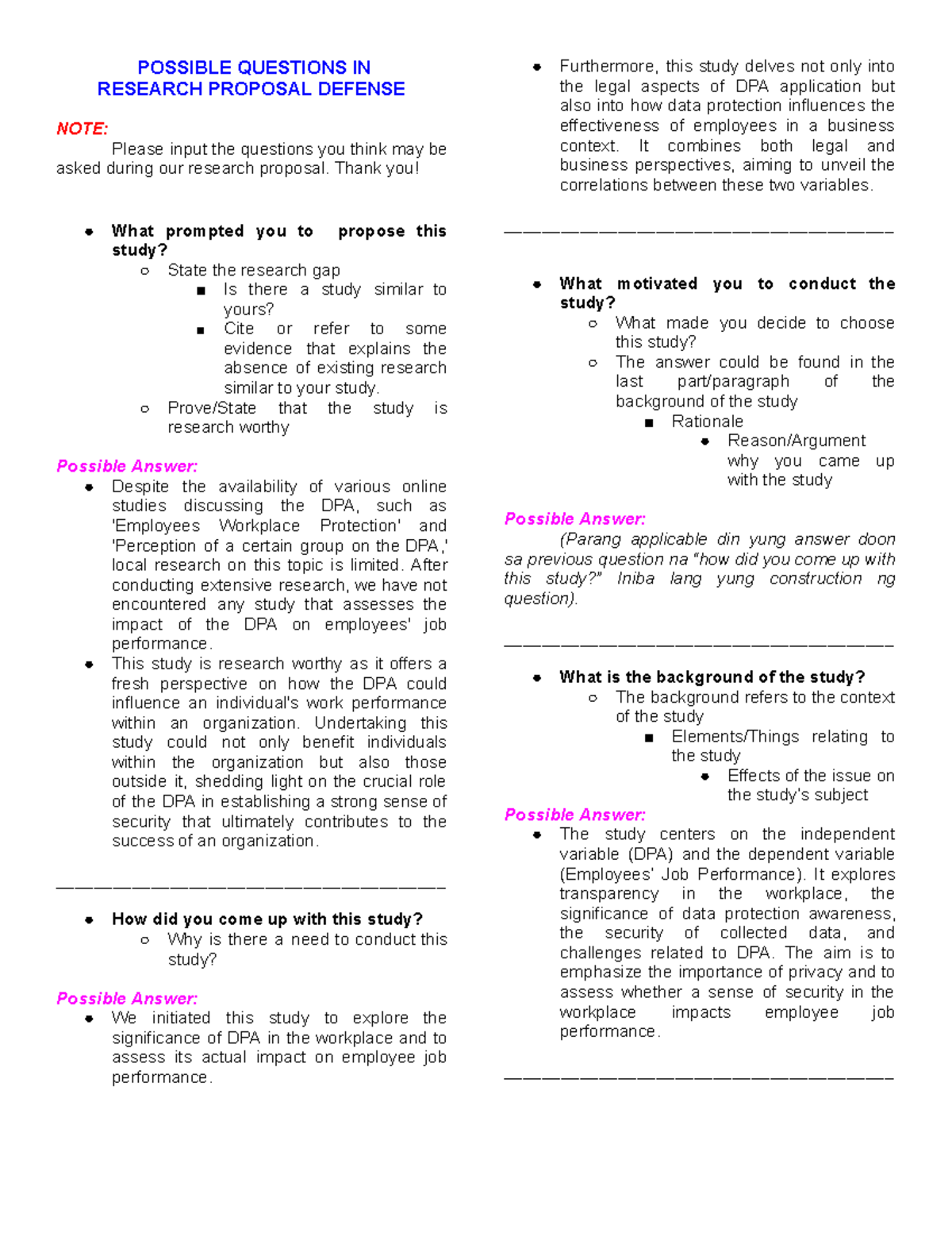 Possible Questions in Research Proposal Defense - POSSIBLE QUESTIONS IN ...