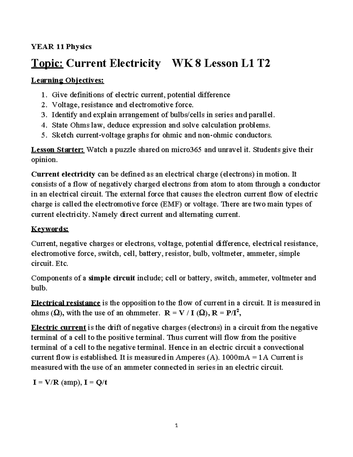YEAR 11 Physics - YEAR 11 Physics Topic: Current Electricity WK 8 ...