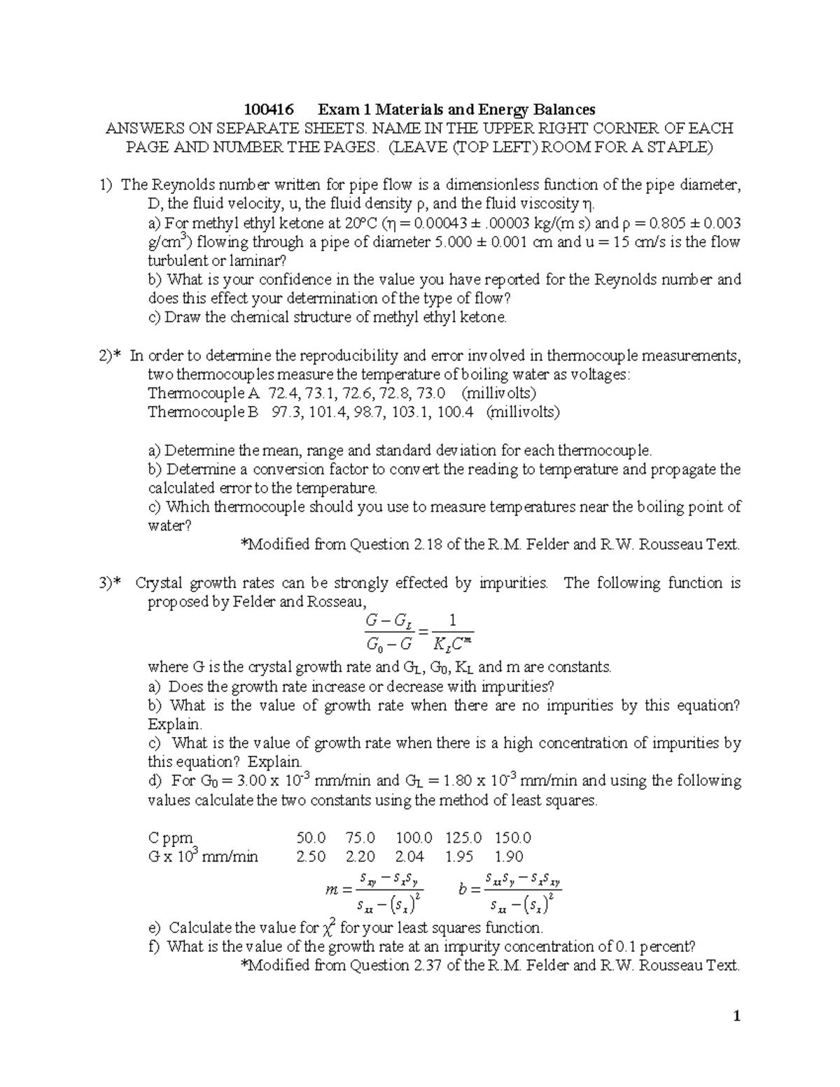 100416 Exam1Materialsand Energy Balances - 1 100416 Exam 1 Materials ...