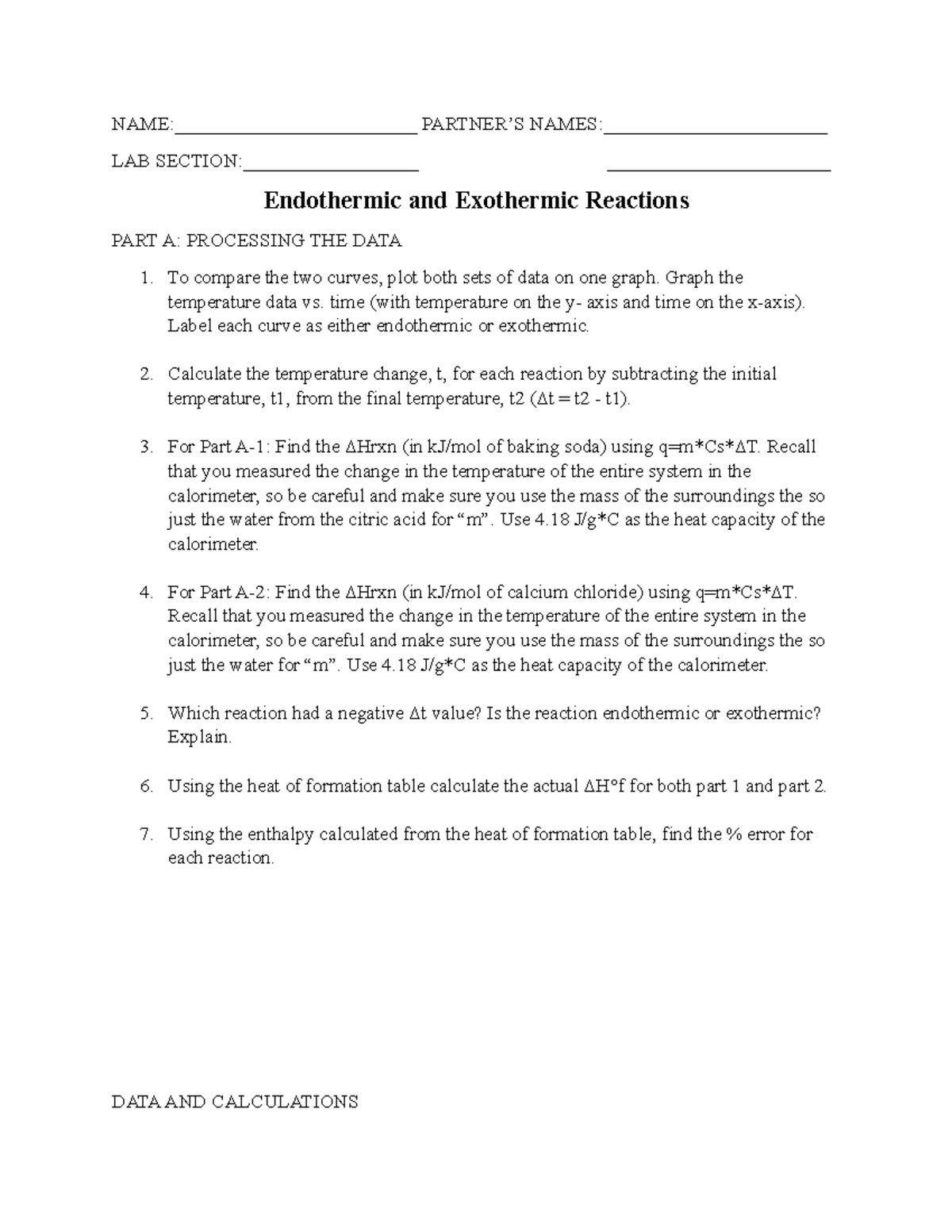 Lab 8, Post lab Questions, Endothermic and Exothermic - NAME ...