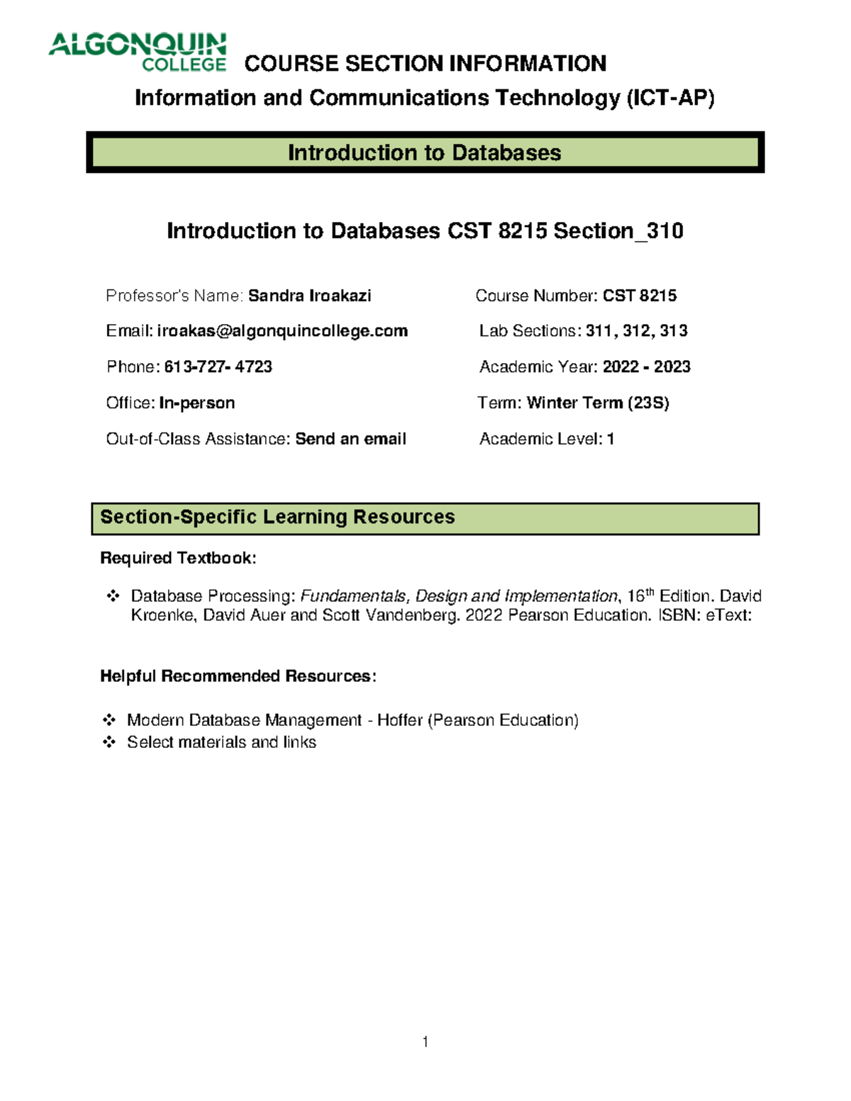 CSI - CST 8215 csi - 1 COURSE SECTION INFORMATION Information and Communications Technology (ICT ...