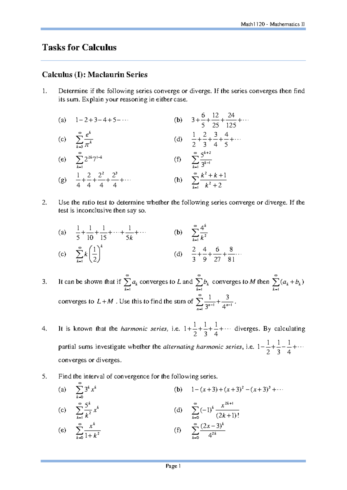 M1120 Calculus Tasks - Good practice - Math1120 - Mathematics II Tasks for Calculus Calculus (I ...