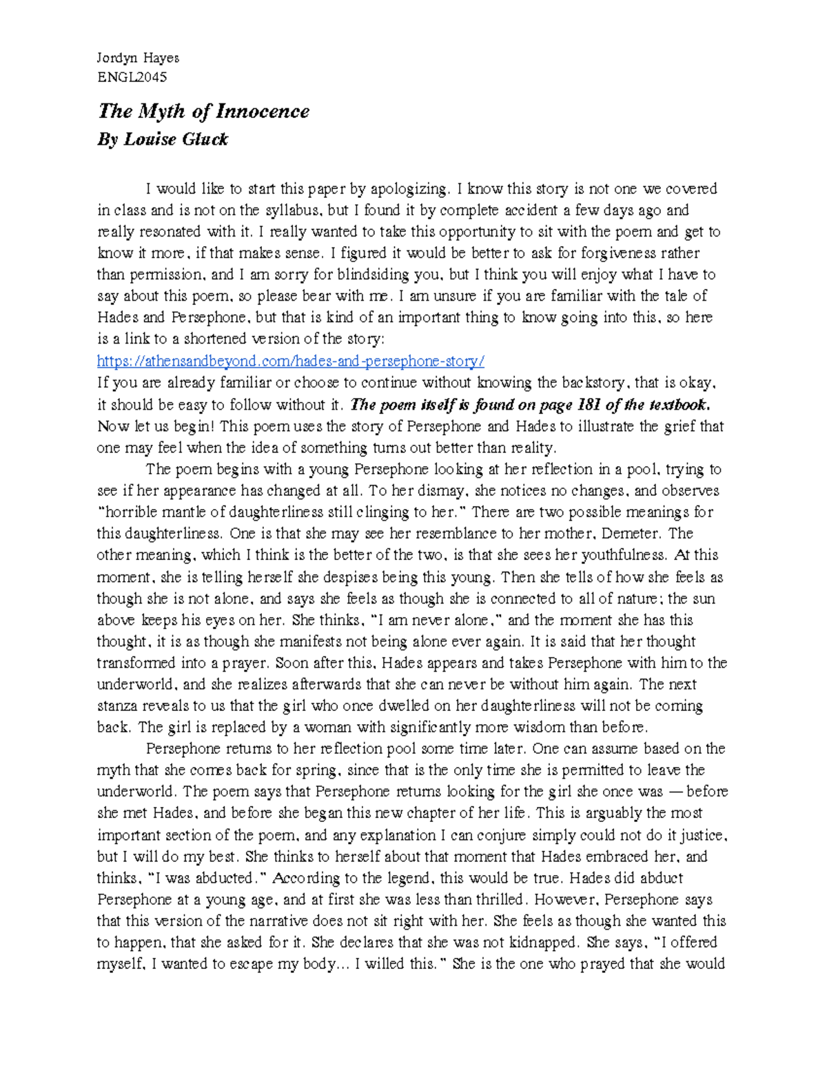 Poetry Essay eIII - Jordyn Hayes ENGL The Myth of Innocence By Louise ...