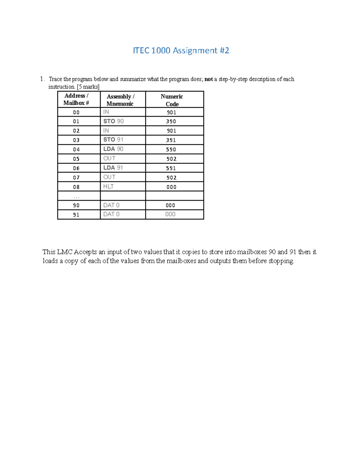 ITEC 1000 assignment 2 - ITEC 1000 Assignment 1. Trace the program ...