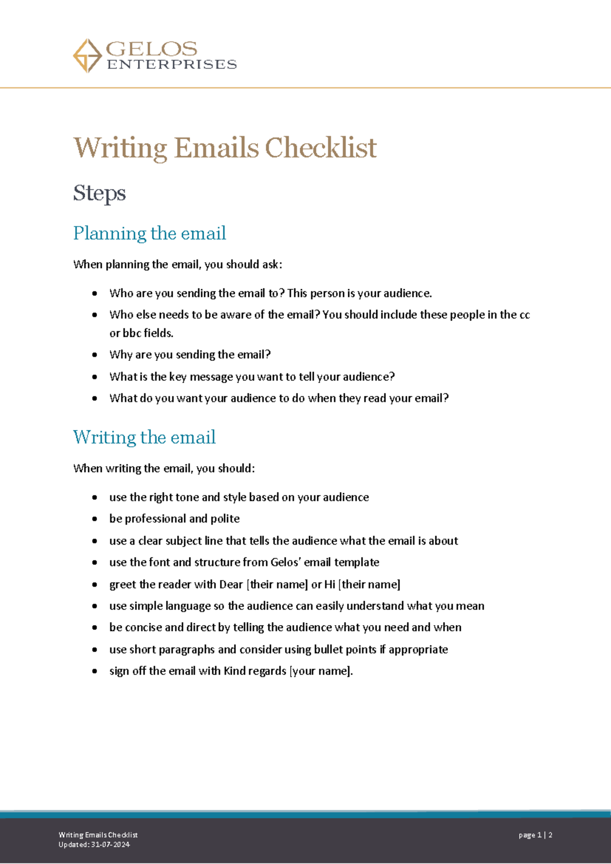 GE Writing-Emails checklist - Writing Emails Checklist page 1 | 2 ...
