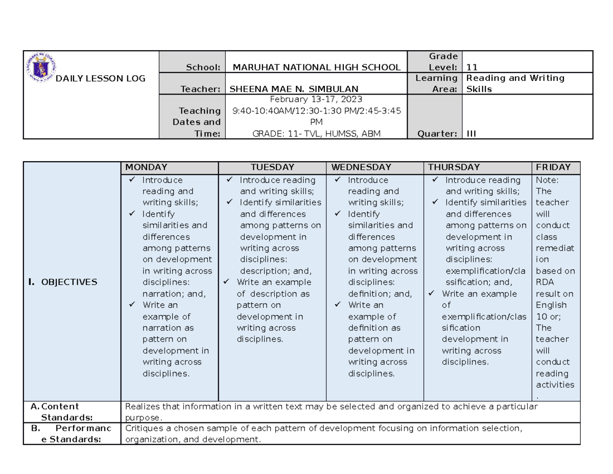 RAWS-WEEK 1 - dll - DAILY LESSON LOG School: MARUHAT NATIONAL HIGH SCHOOL Grade Level: 11 ...