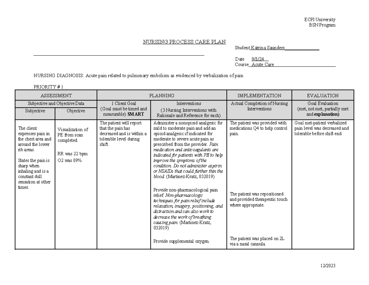 Care plan 1 - Pulmonary embolism - ECPI University BSN Program NURSING ...