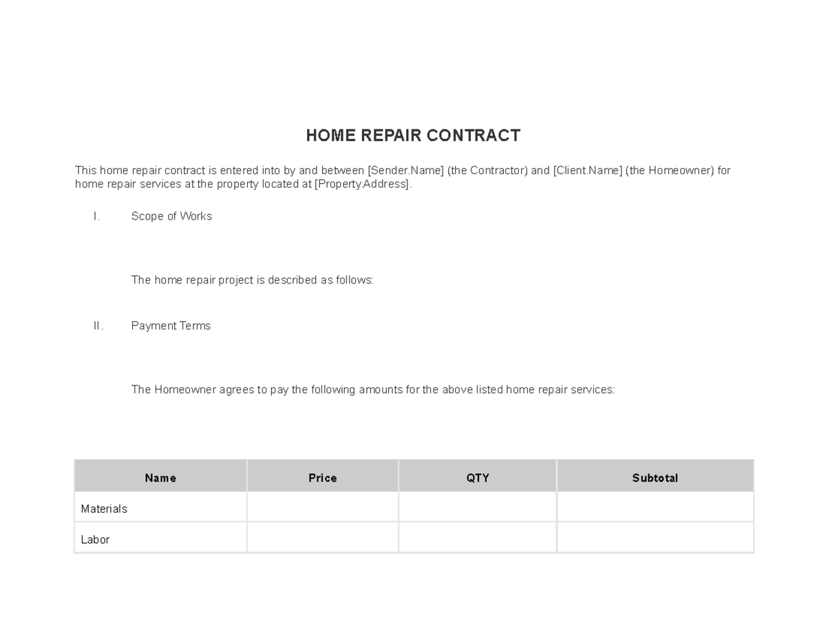 Home Repair Contract Sample for Students - HOME REPAIR CONTRACT This ...