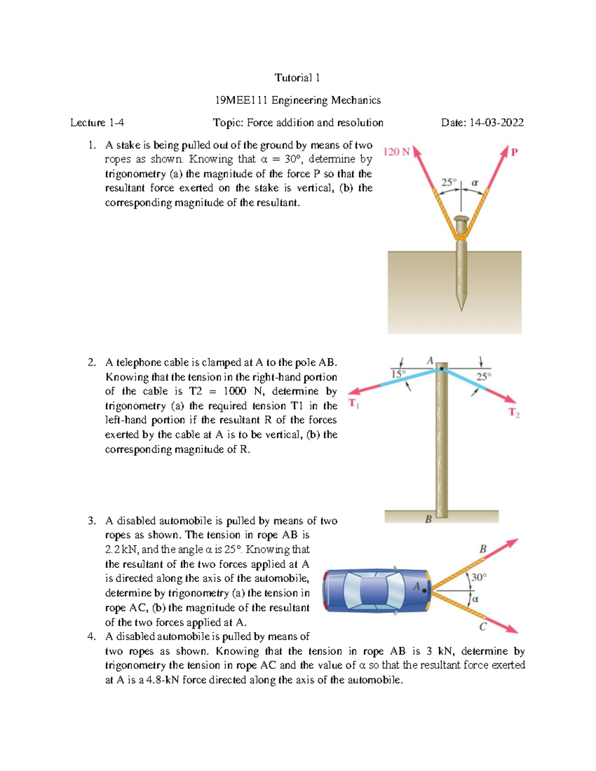 Tutorial questions for practice - Tutorial 1 19MEE111 Engineering ...