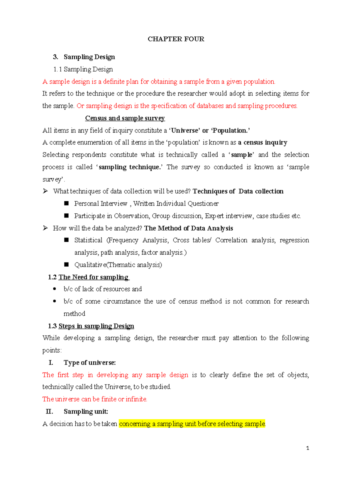 Research CH 4-6 - CHAPTER FOUR Sampling Design 1 Sampling Design A ...