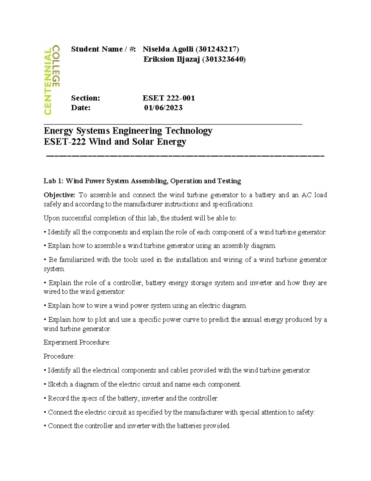 ESET 222 Lab 1 Wind Power System - Student Name / #: Niselda Agolli ...