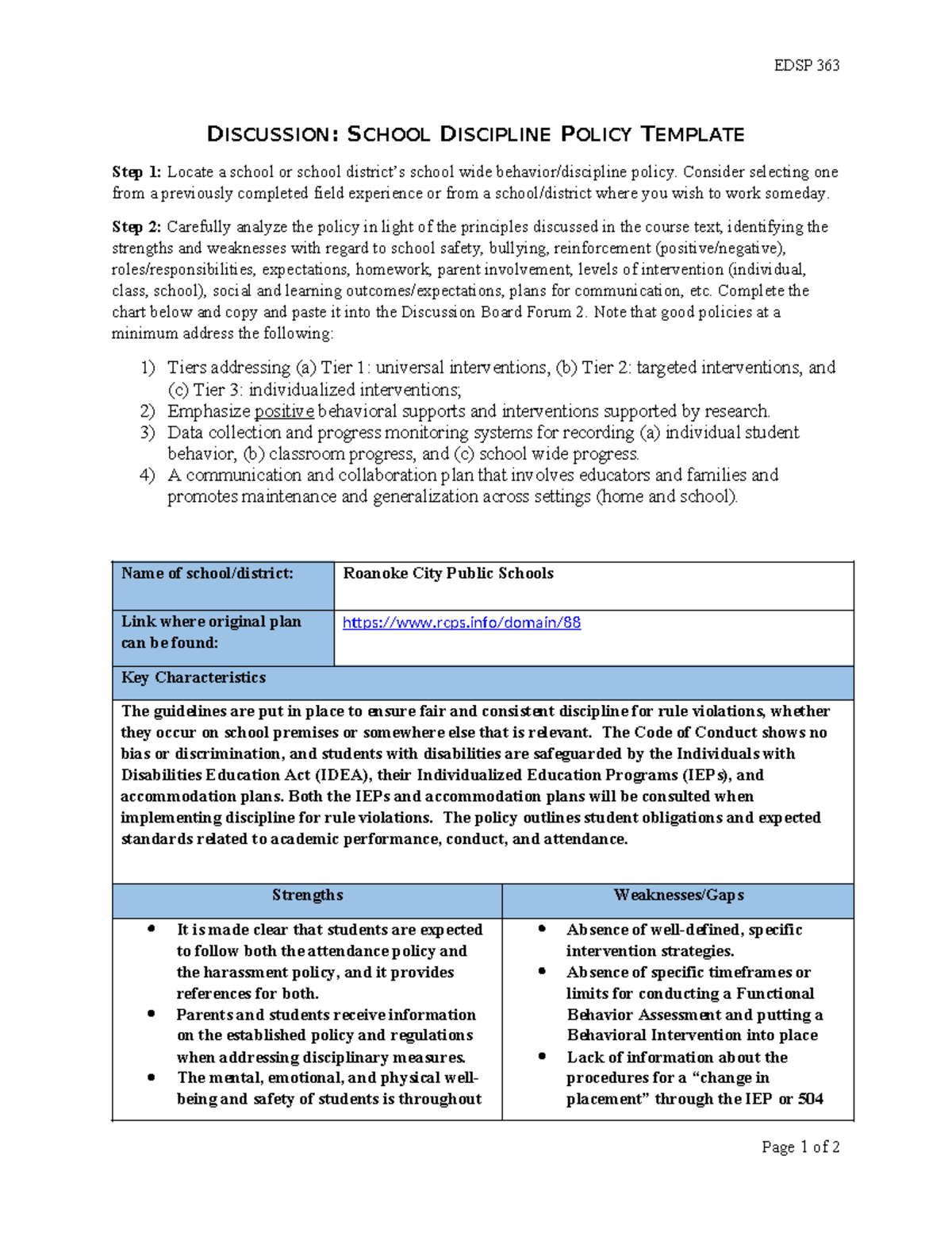 Discussion School Discipline Policy Template - EDSP 363 DISCUSSION ...