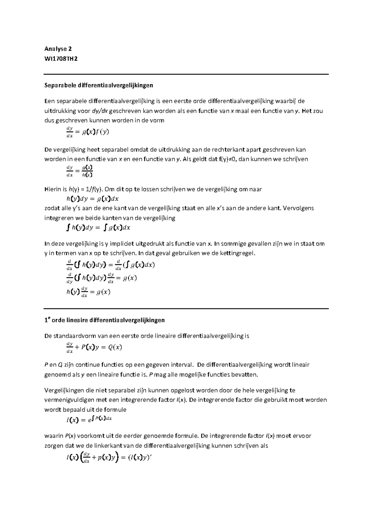 Analyse 2 samenvatting - Analyse 2 WI1708TH2 Separabele ...