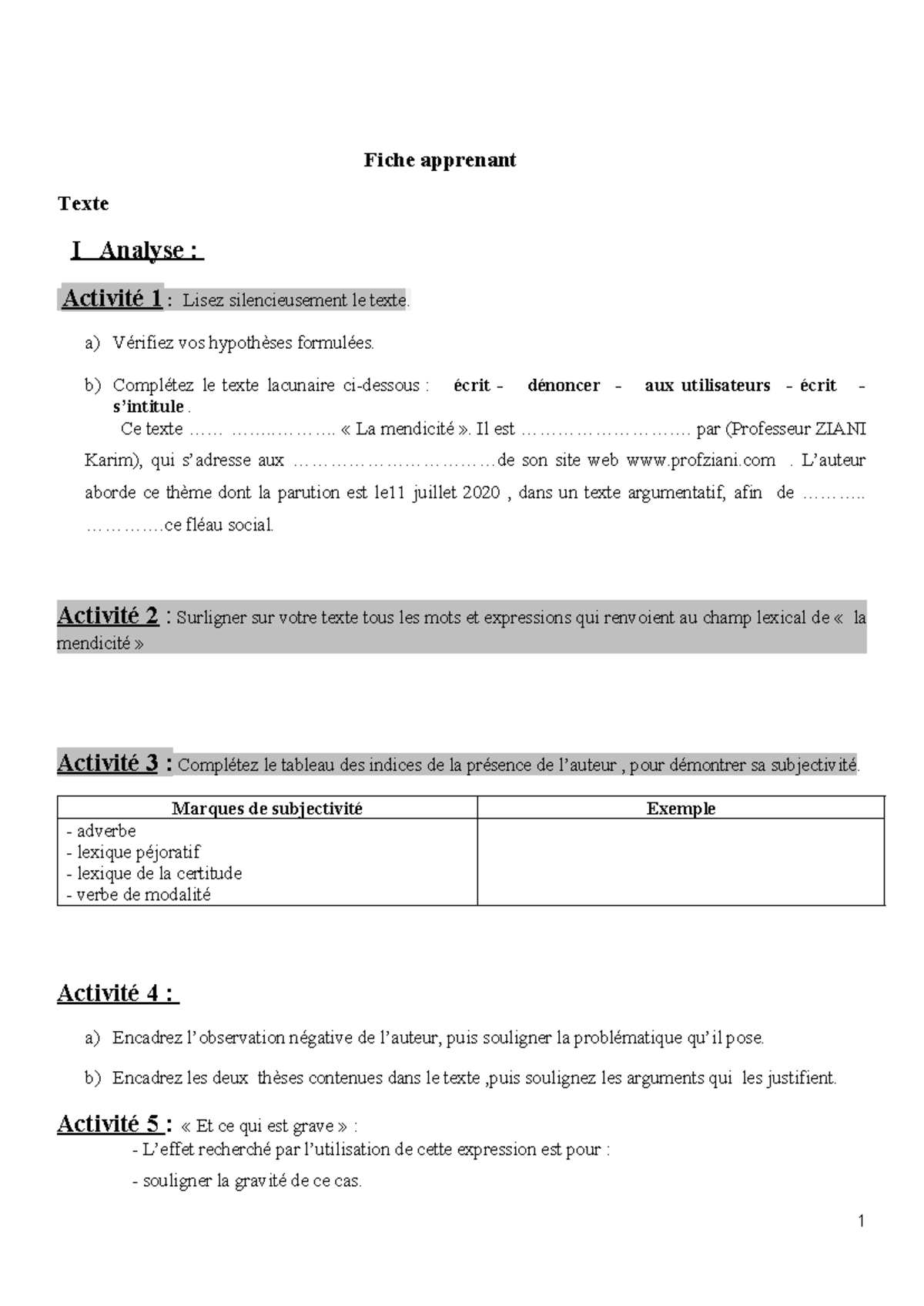 Fiche apprenant - Fiche apprenant Texte I Analyse : Activité 1 : Lisez ...
