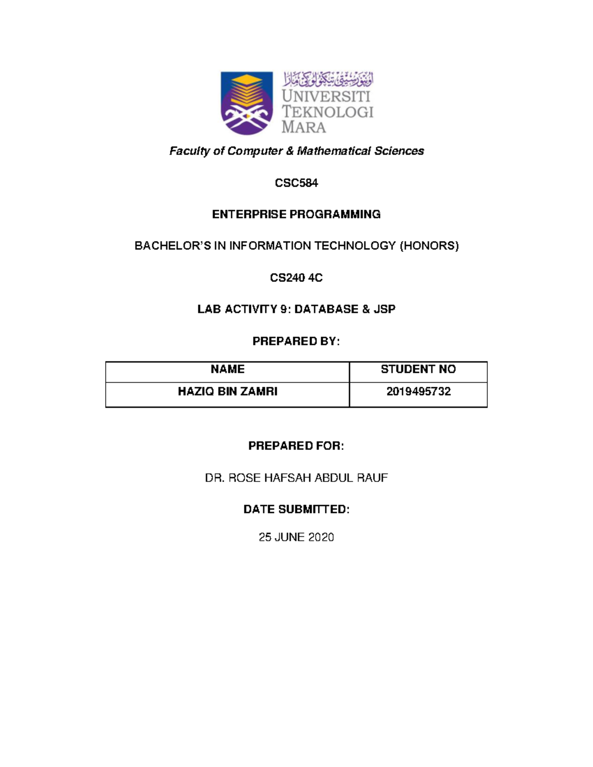 LAB 9 - LAB 9 - Faculty of Computer & Mathematical Sciences CSC ...