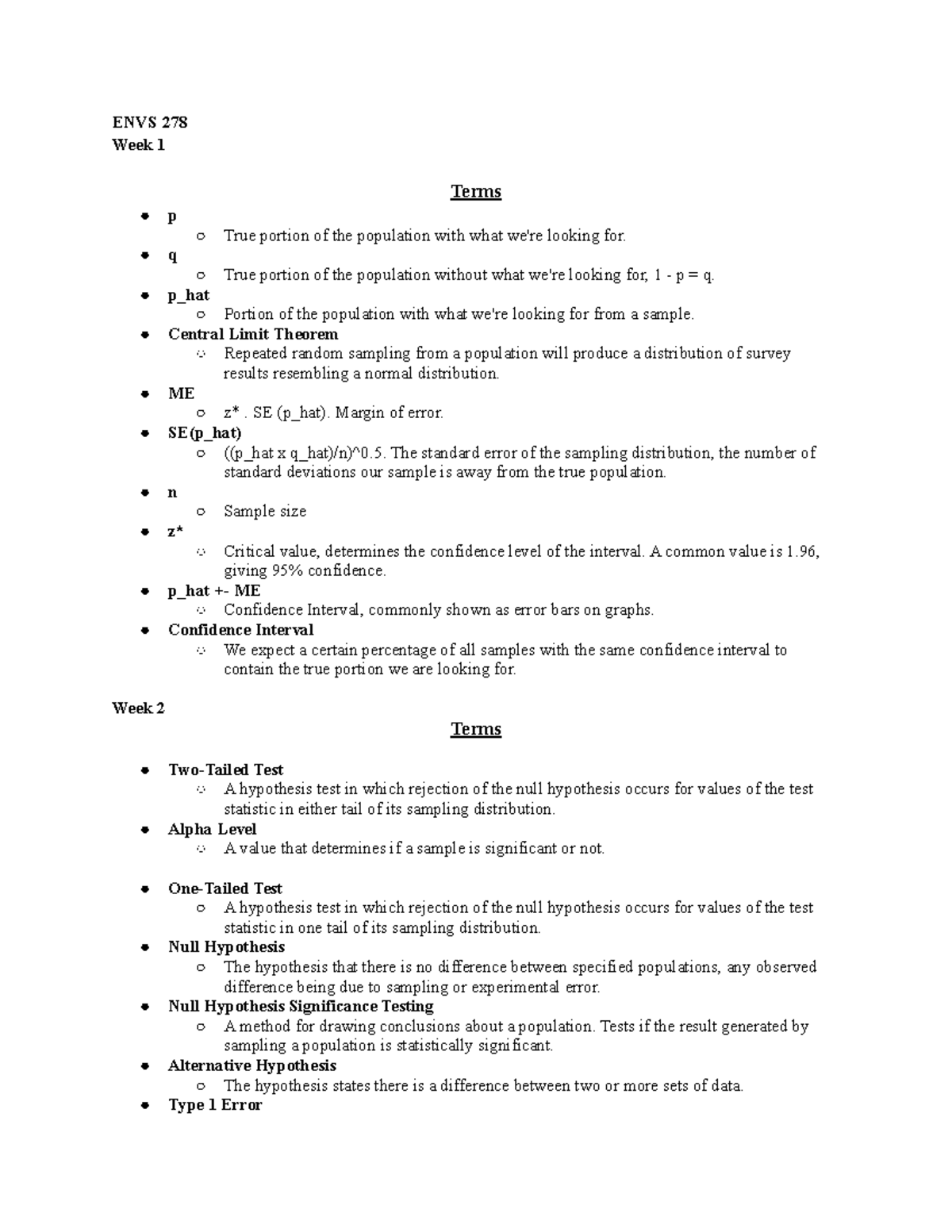 Stats week 1-3 - Lecture notes 1,2,3,4 - Envs 278 - UWaterloo - Studocu