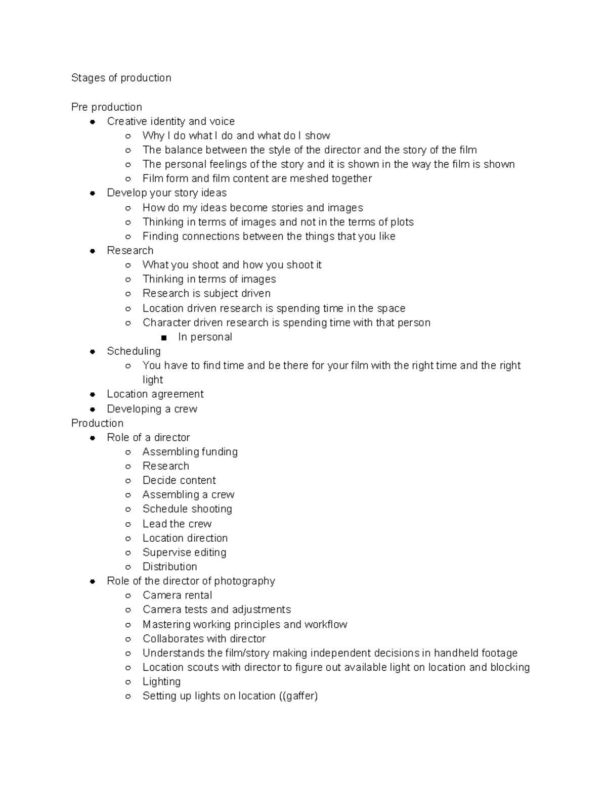 Week 5 lecture notes - Stages of production Pre production Creative ...