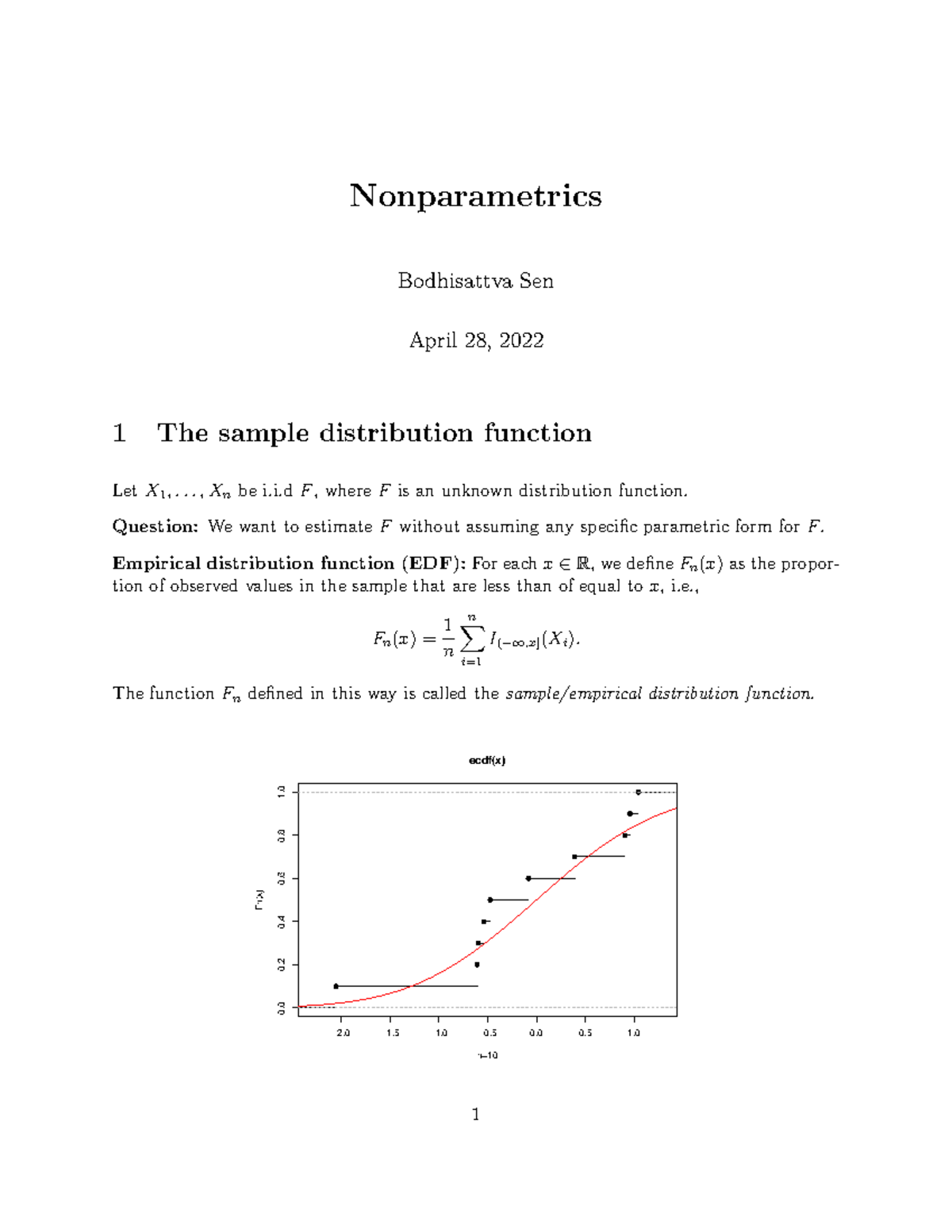 Notes week 13 - Teacher: Bodhisattva Sen - Nonparametrics Bodhisattva ...