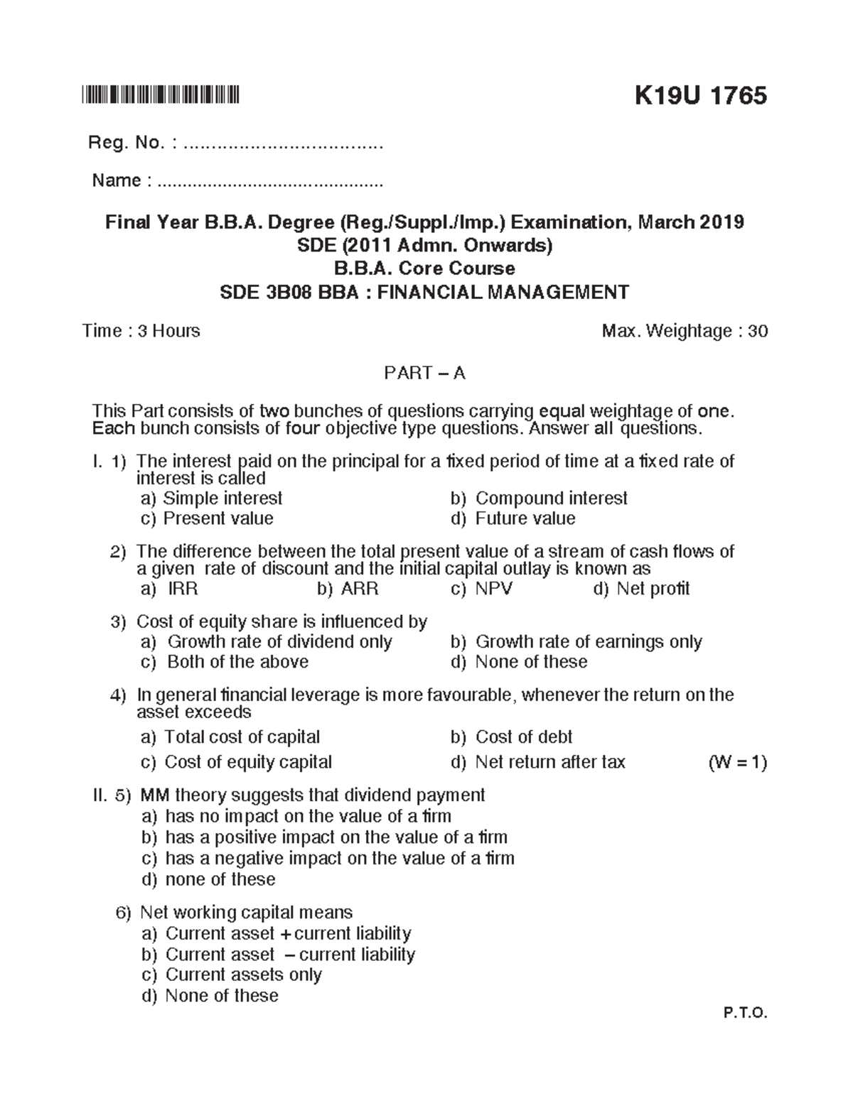 Financial management-questions paper - P.T. K19U1765 K19U 1765 Final ...