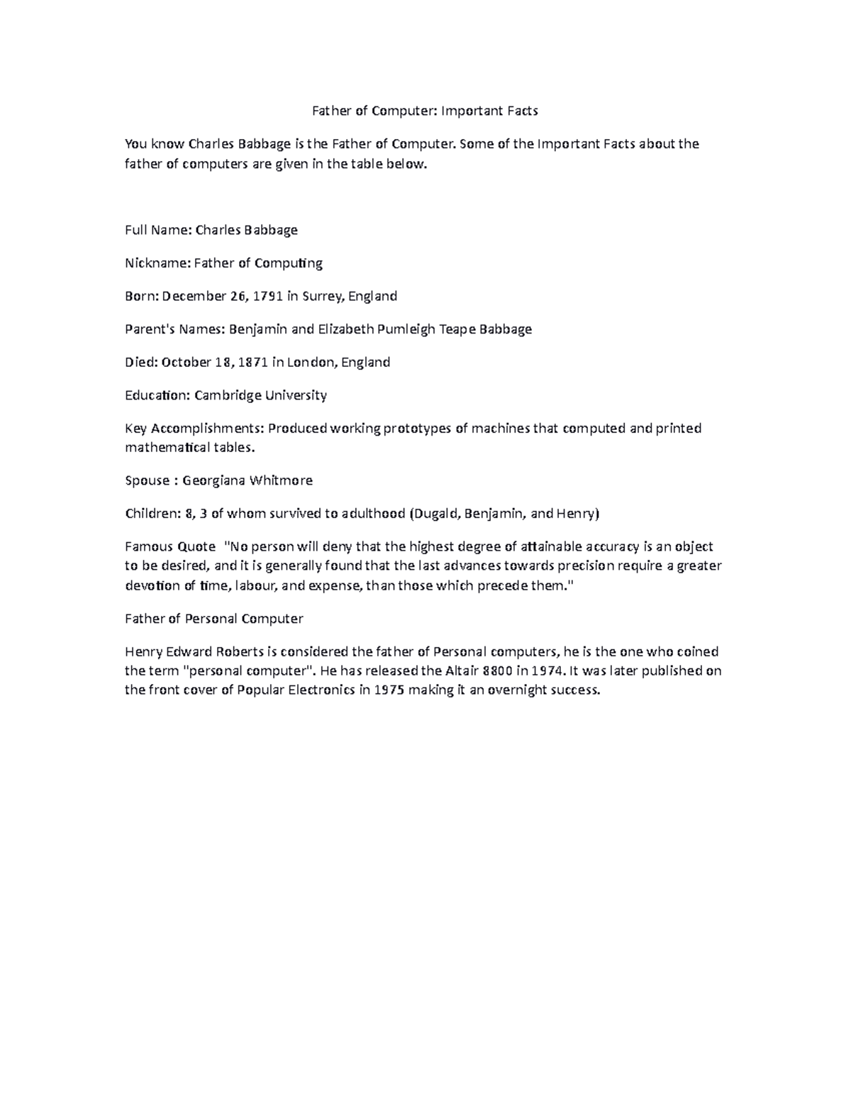 F Ather of computer - Father of Computer: Important Facts You know ...