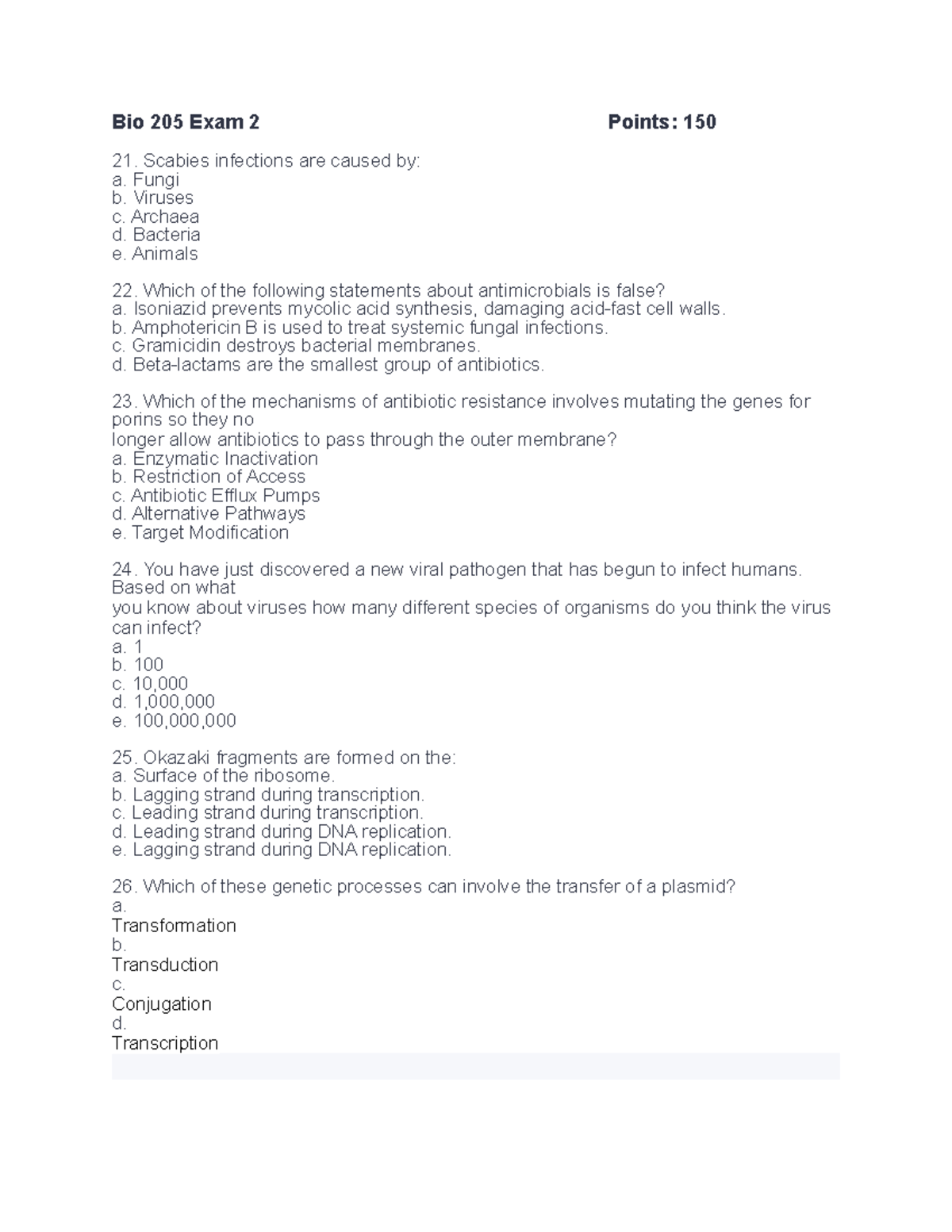 Bio 205- exam 2 part 4 - Bio 205- exam 2 - Bio 205 Exam 2 Points: 150 ...