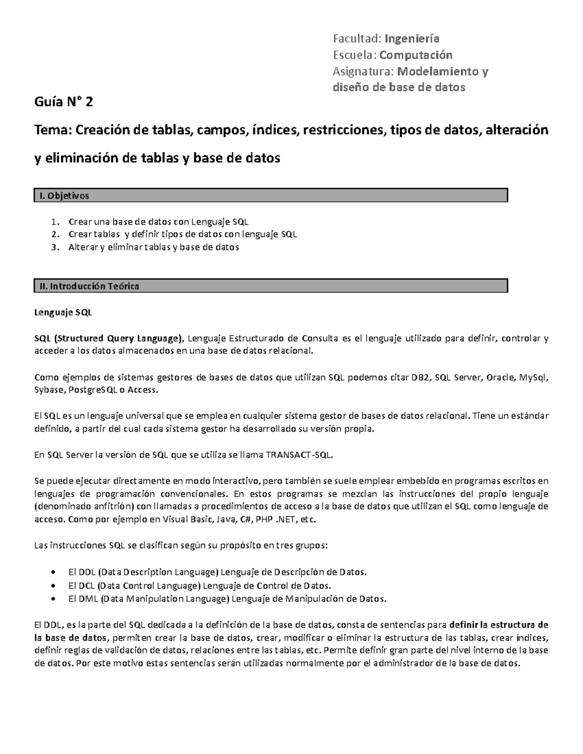 SQL - 16 - SQL para Consultas a BD - Guía N° 2 Tema: Creación de tablas ...