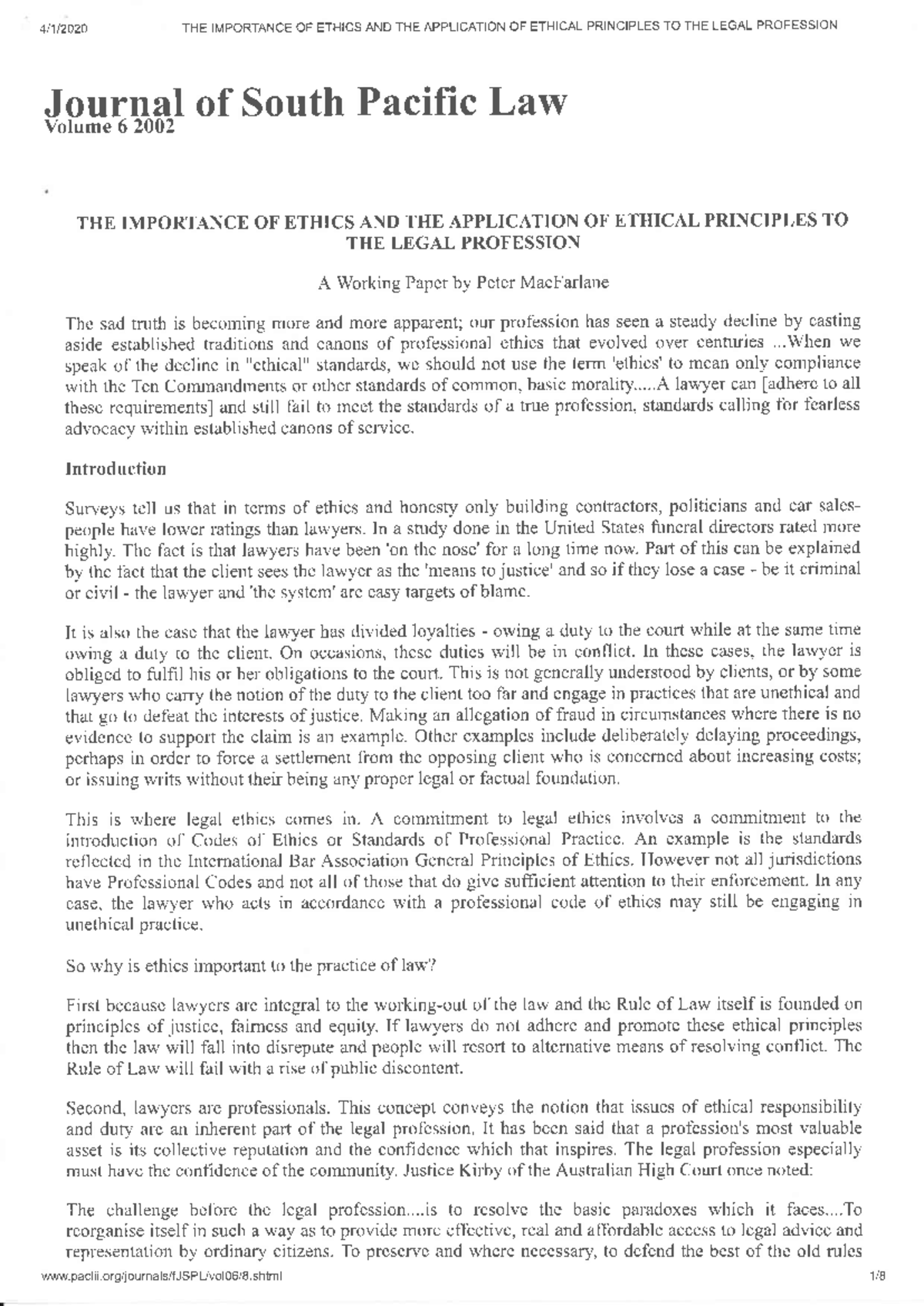 Ethics of Legal Profession-Importance - Journal SPL - 41112020 THE ...