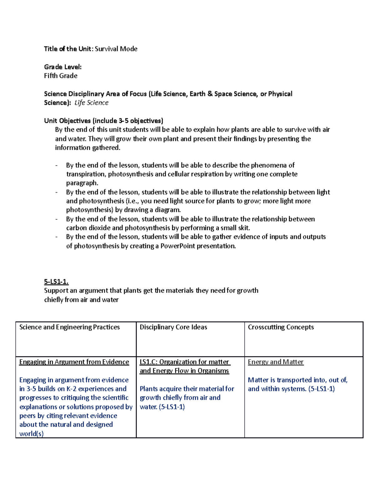 EDMU w2 - N/A - Title of the Unit: Survival Mode Grade Level: Fifth ...
