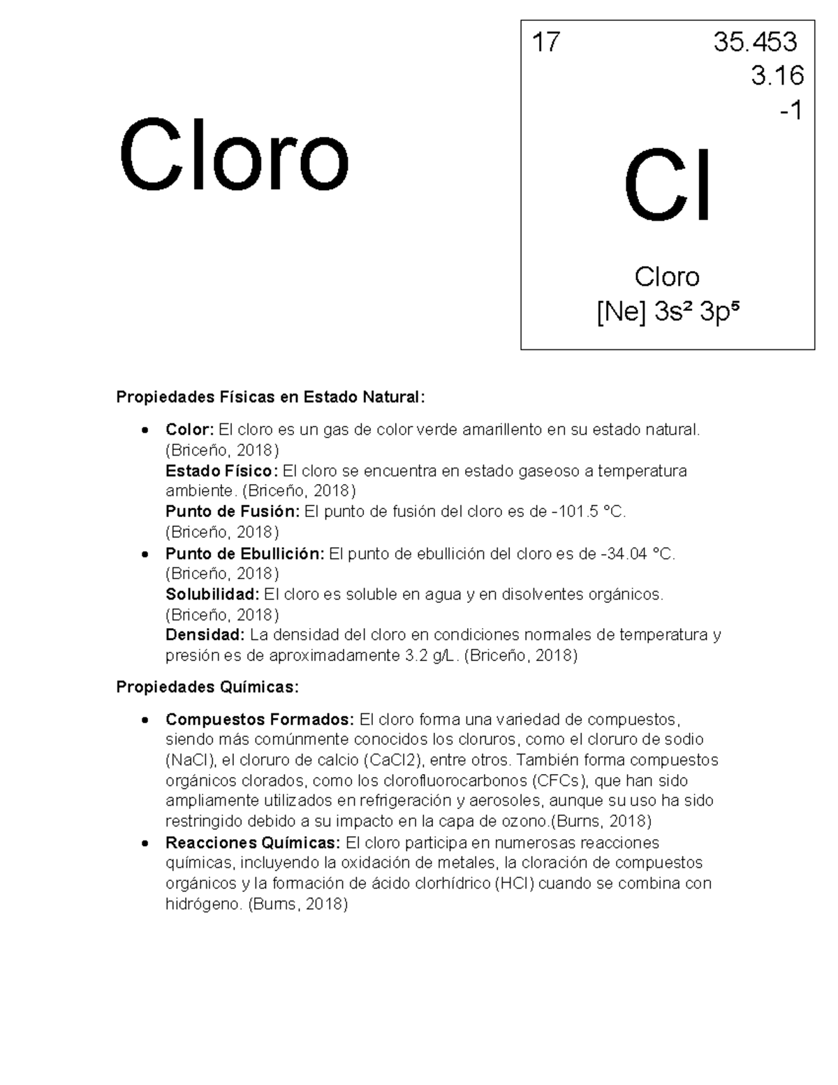 Investigación del Cloro - Cloro Propiedades Físicas en Estado Natural ...