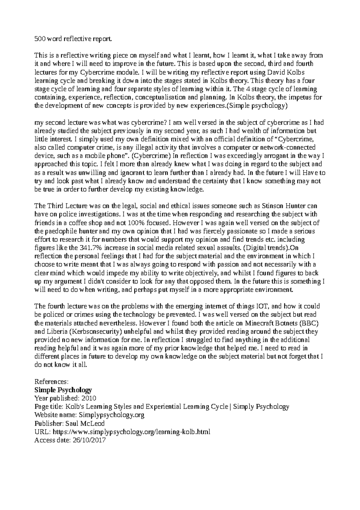 Cybercrime assignment 1, 500 word reflective report - 500 word ...