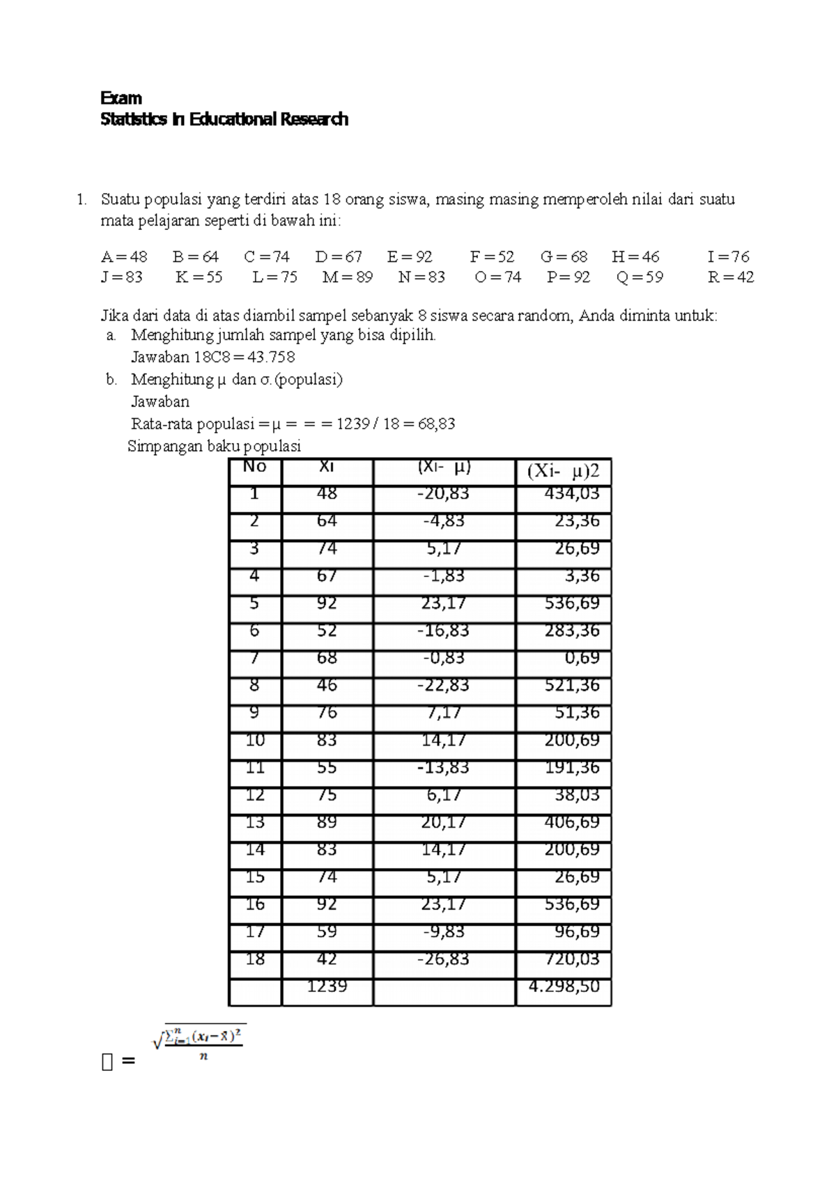 Statistic Exam - ccccc - Exam Statistics in Educational Research Suatu populasi yang terdiri ...