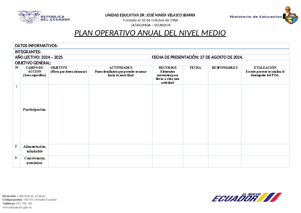Modelo POA 2024-2025 (3) - Dirección: Calle Bolívar y Espejo Código ...