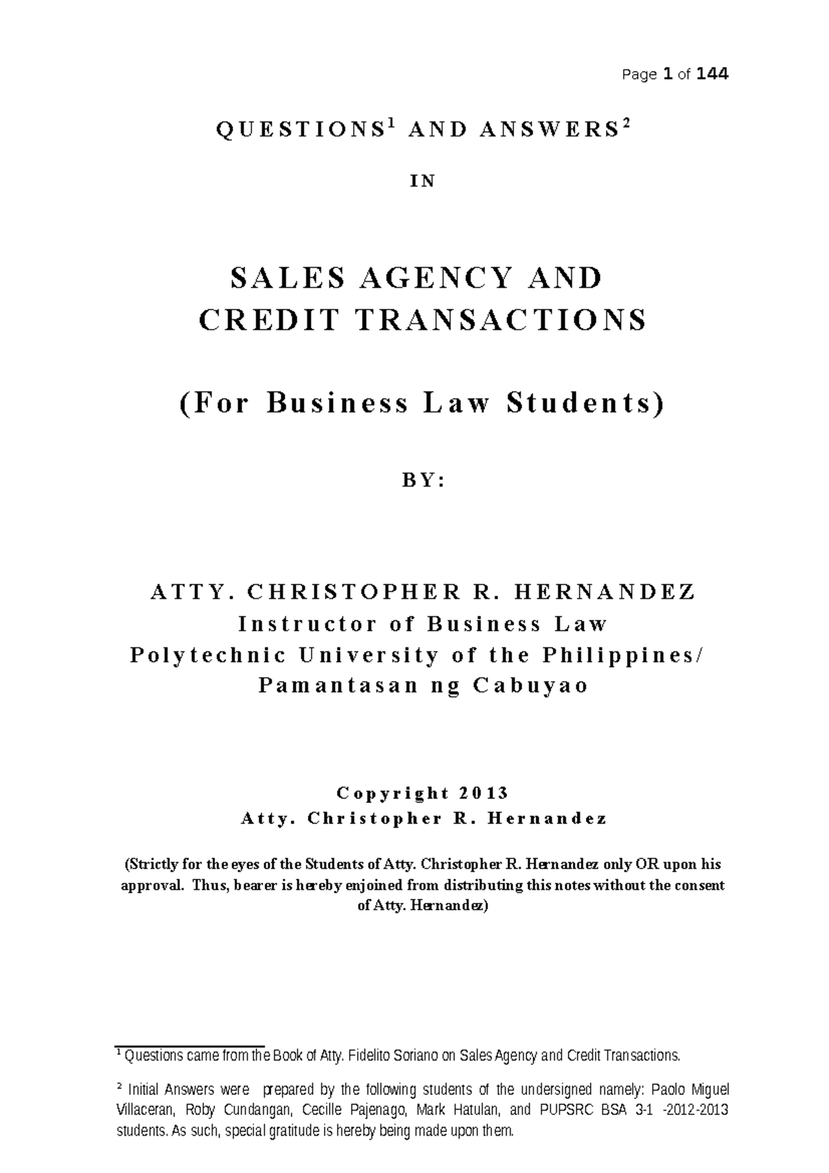 Law on Sales, Agency, and Credit Transactions - Page 1 of 144 Q U E S T ...