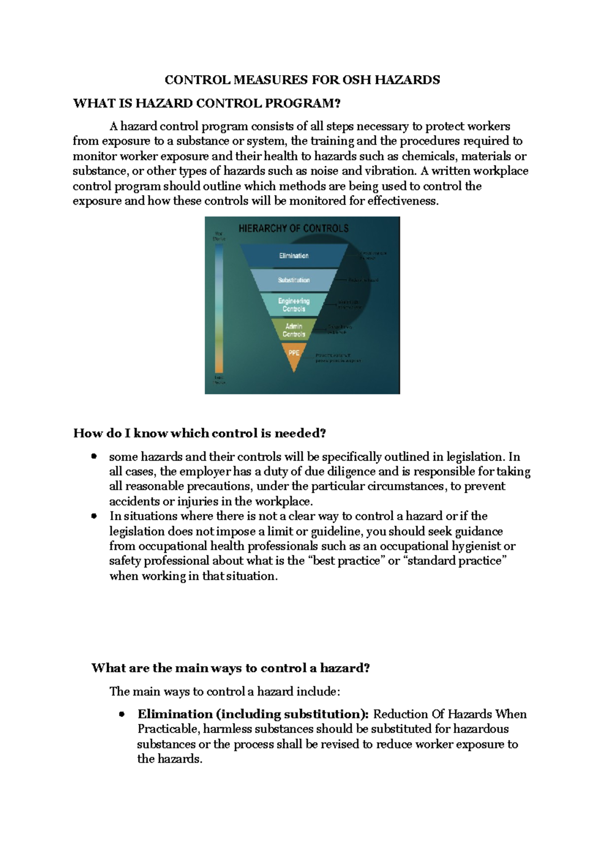 Control Measures FOR OSH Hazards - CONTROL MEASURES FOR OSH HAZARDS ...