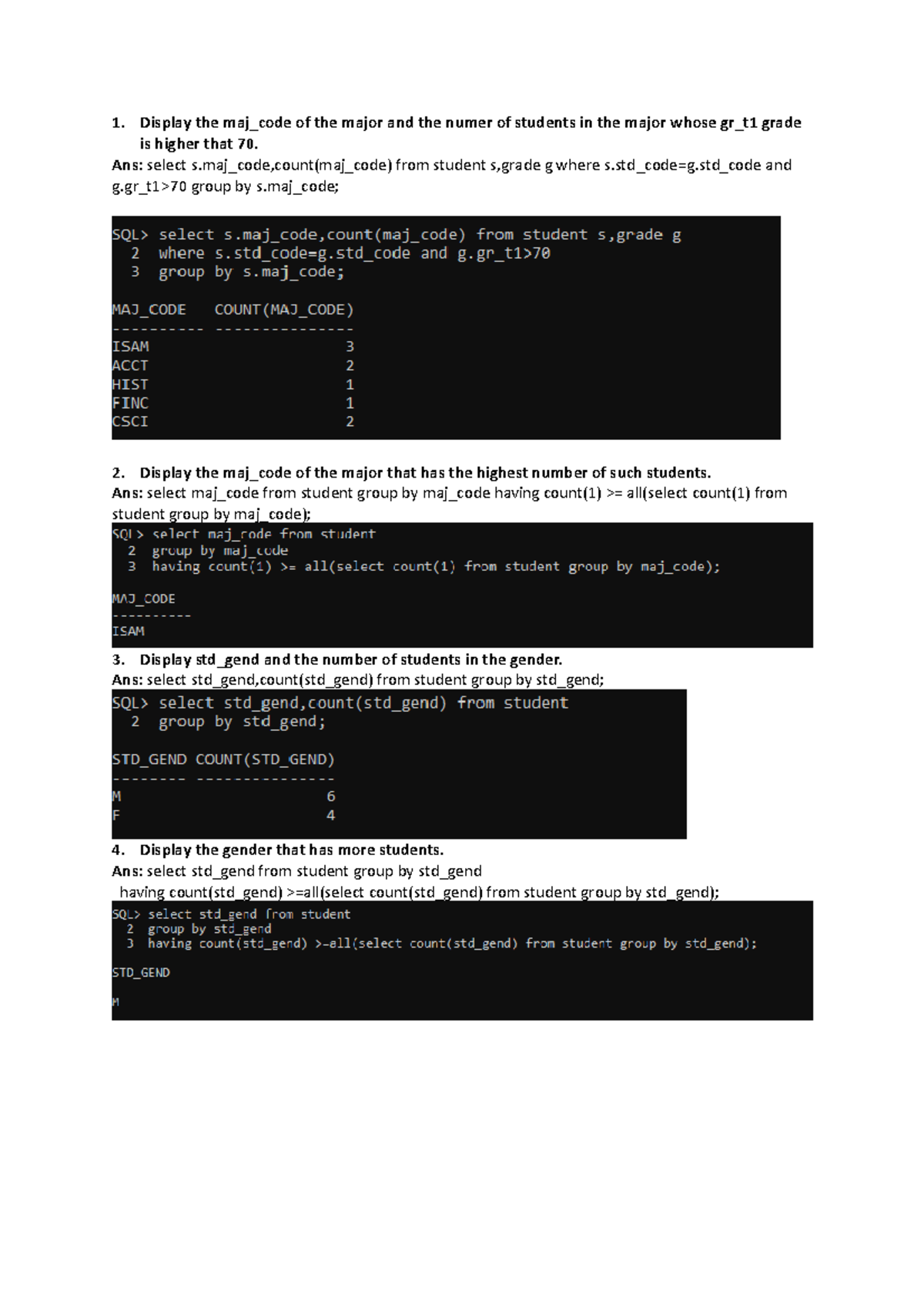 ISAM5331 5333 nu Homework - Display the maj_code of the major and the ...