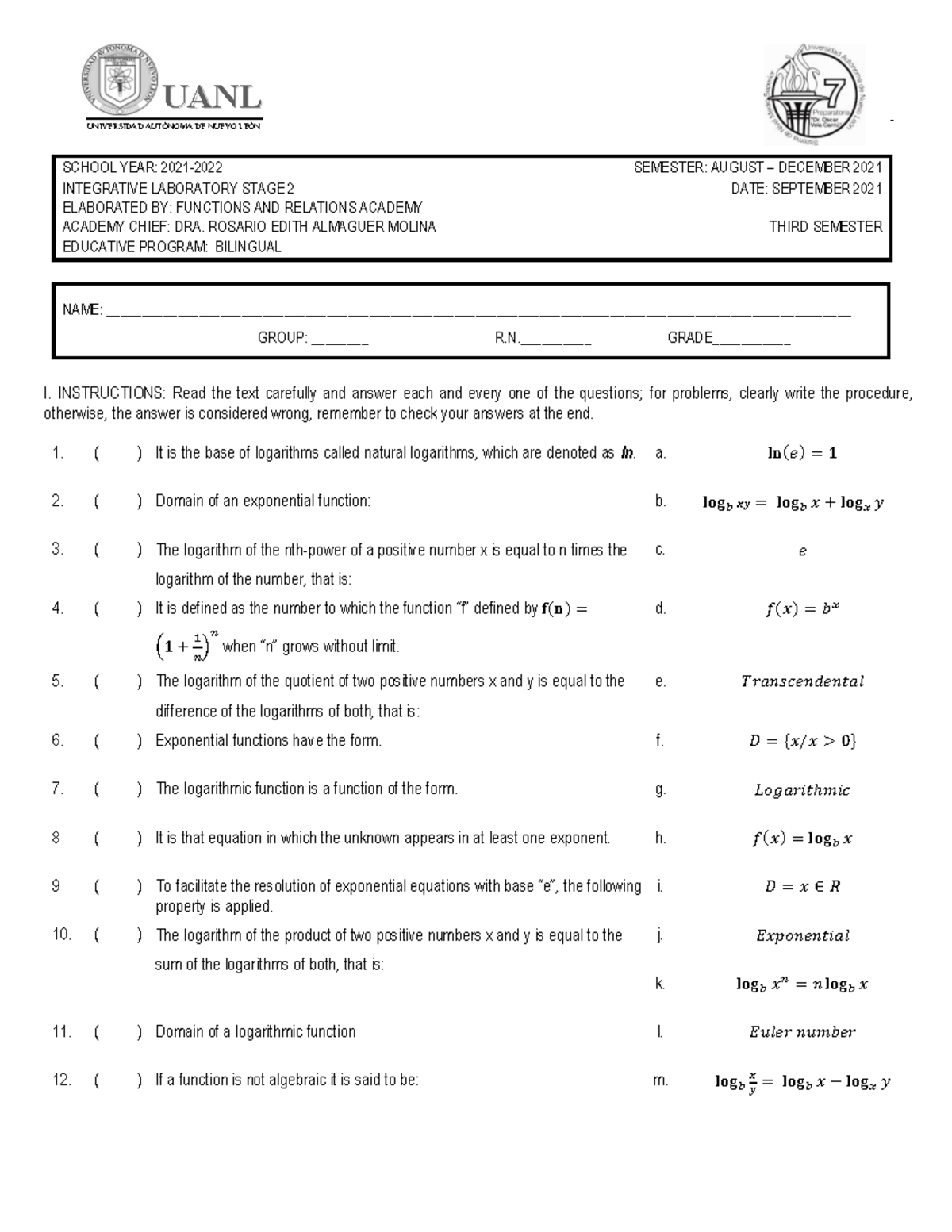 2021 Integrative Laboratory F and R Stage 2 - I. INSTRUCTIONS: Read the ...
