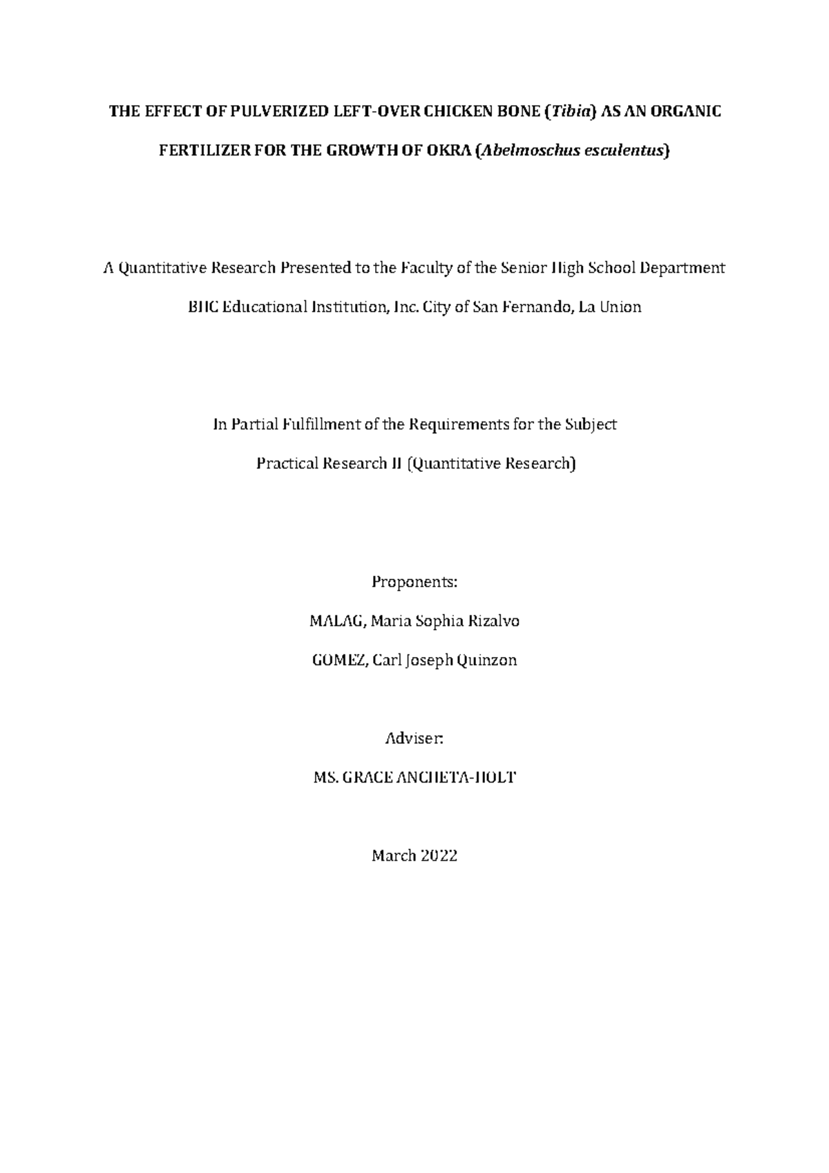 THE Effect OF Pulverized LEFT-OVER Chicken BONE (Tibia) AS AN Organic ...