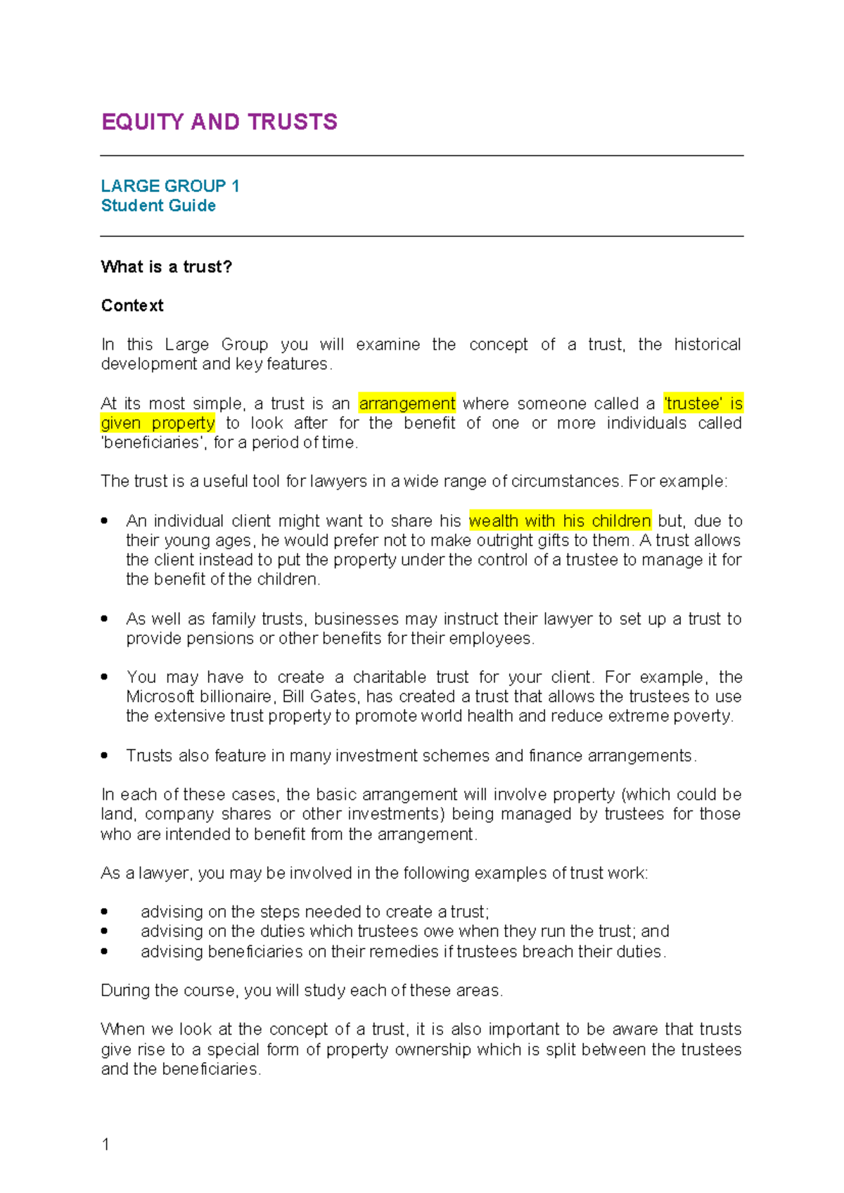 2324 eqtr lg01 ce01 student guide - EQUITY AND TRUSTS LARGE GROUP 1 Student Guide What is a ...