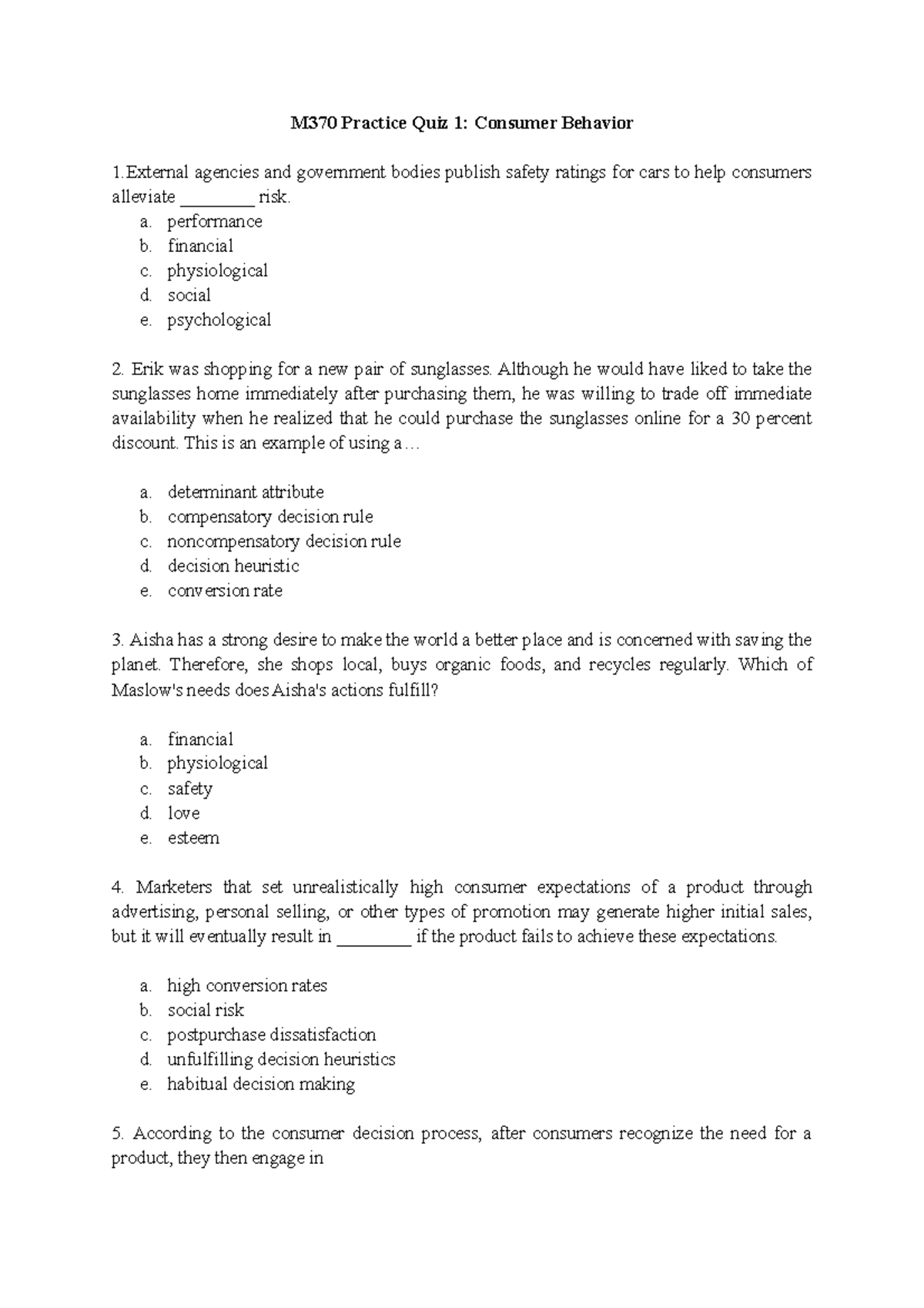 M370 Practice Quiz 1 Consumer Behavior - M370 Practice Quiz 1: Consumer ...