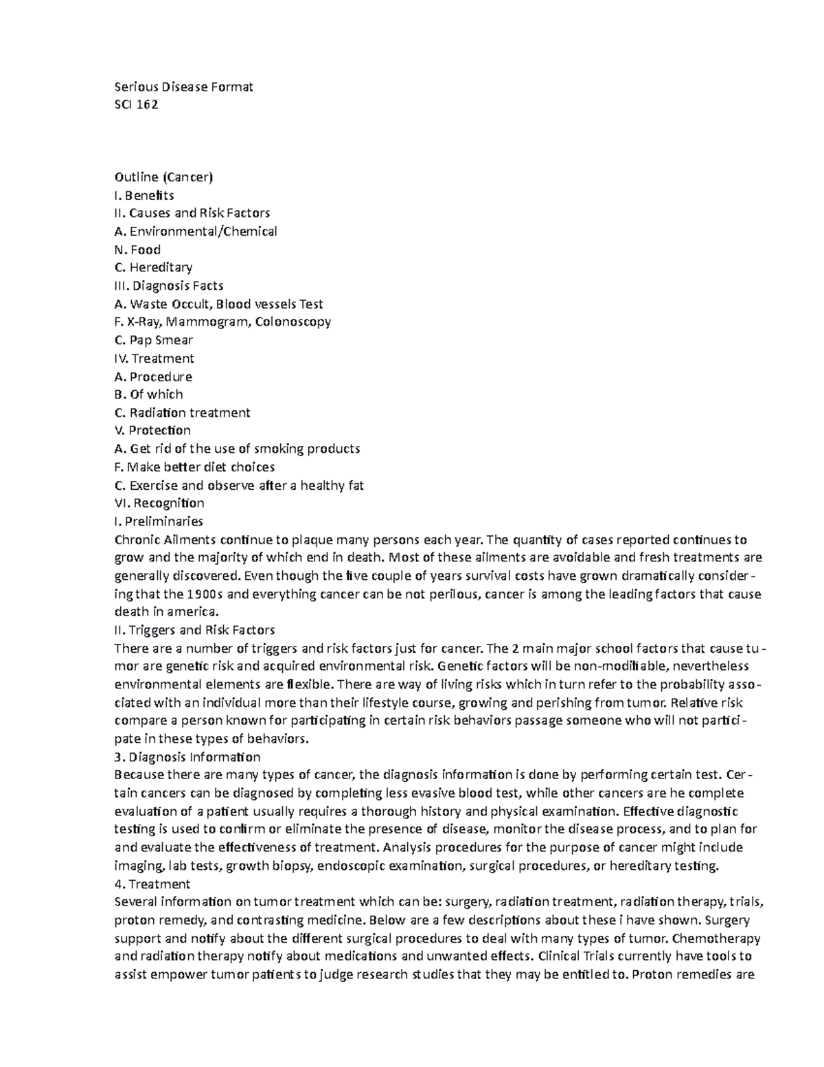 SCI 162 Chronic Disease Outline 1 - Serious Disease Format SCI 162 ...