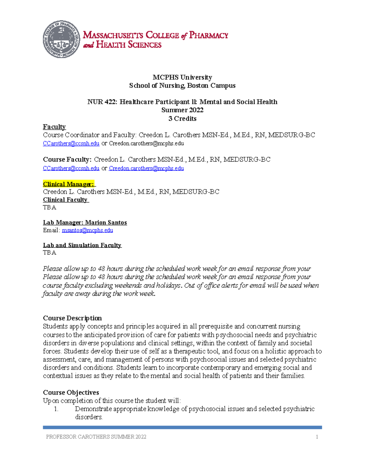 Syllabushealth participant mental health - MCPHS University School of ...