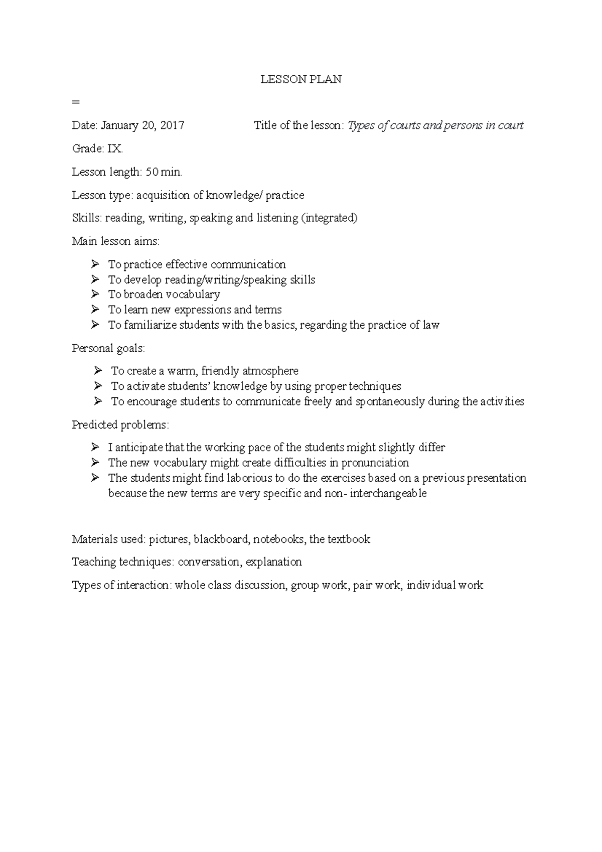 Lesson Plan Types of court and prsosn - LESSON PLAN = Date: January 20 ...